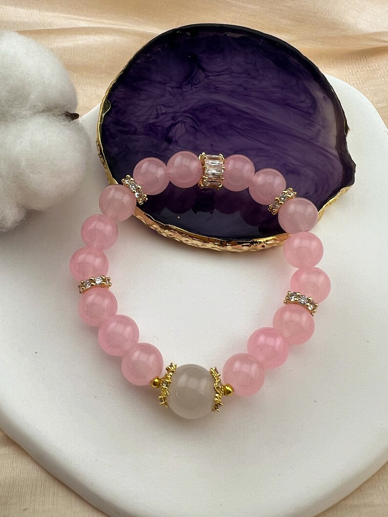 Pink Natural Crystal Glass Beaded Bracelet, Handmade Design Elastic ...