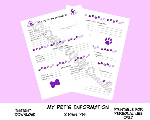 Printable My Pet's Information Form PDF 8.5 x | Etsy
