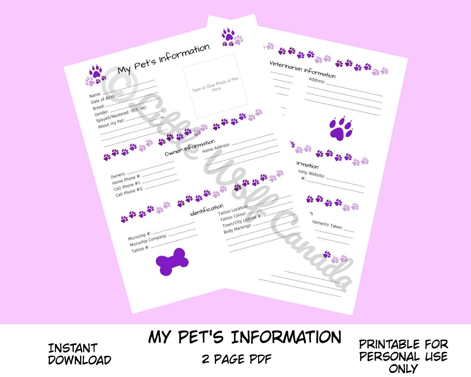 Printable My Pet's Information Form PDF, 8.5" X 11", Instant Download ...