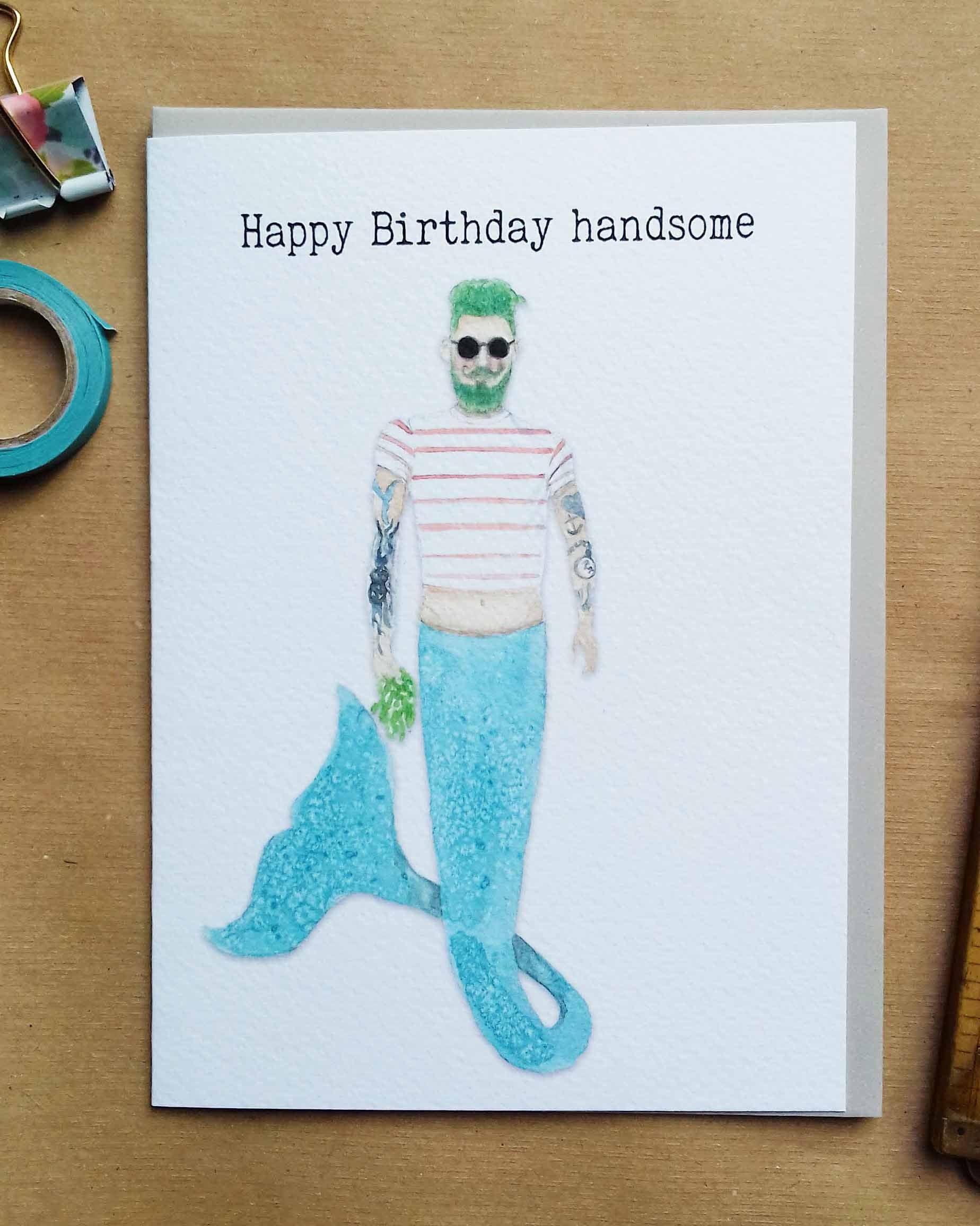 Happy Birthday Tattoo Merman Hipster Card code SM012 - Etsy