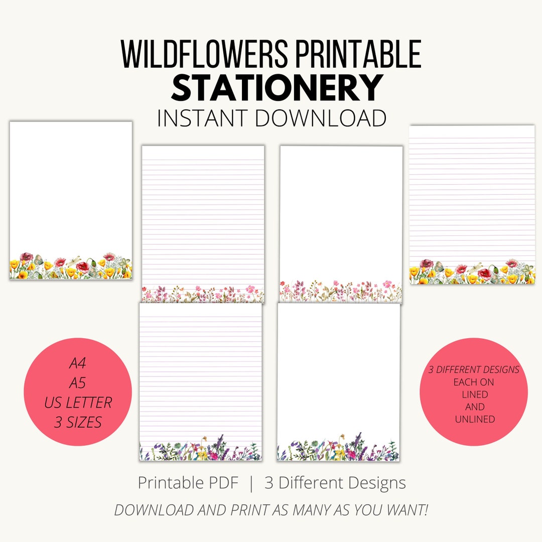 Wildflower Digital Writing Paper Set - 3 Unique Designs on Lined ...
