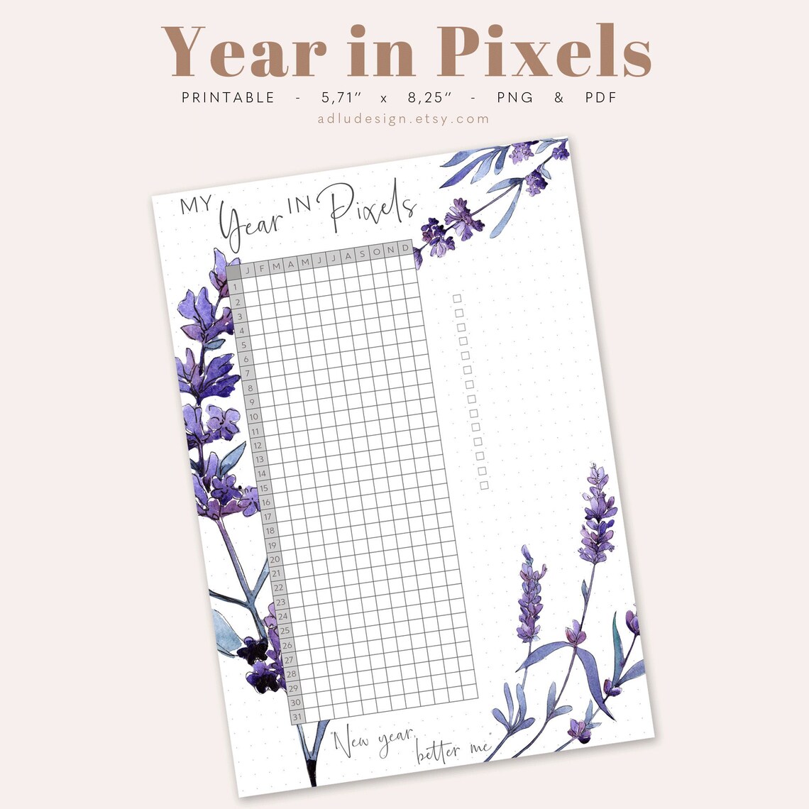Year in Pixels Printable for Journals, Daily Journaling, Mood Study and ...