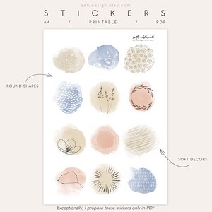 A4 Abstract Stickers Printable for Journals and Planners, Pastel Shapes ...