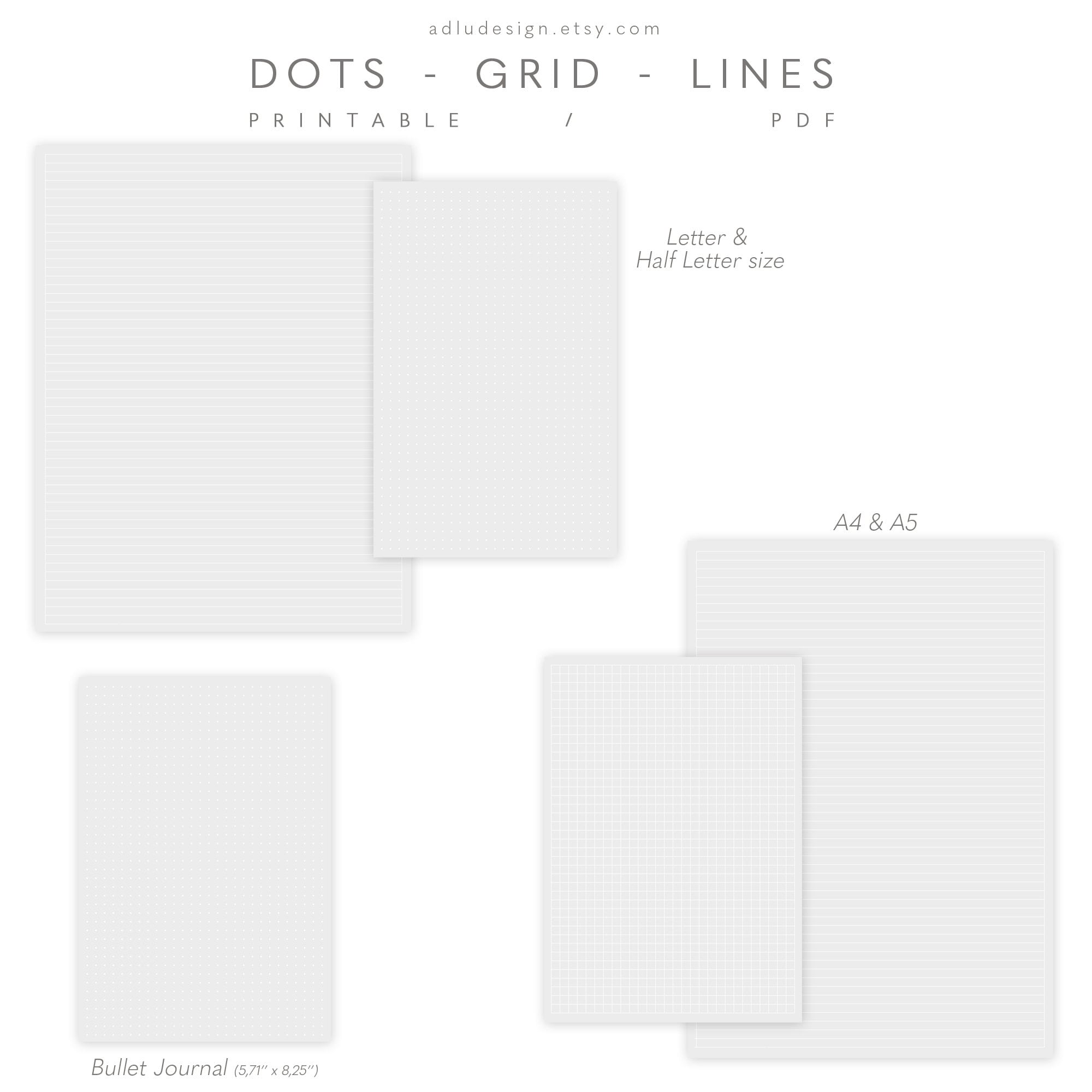 Writing Paper Set Printable, Gray Paper on White Dots Grid & Lines ...