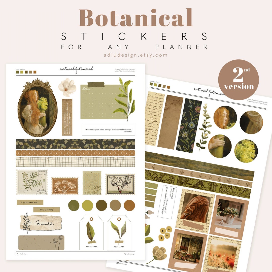 A4 Botanical Stickers for Journals and Planners, Herbal Leaves and ...