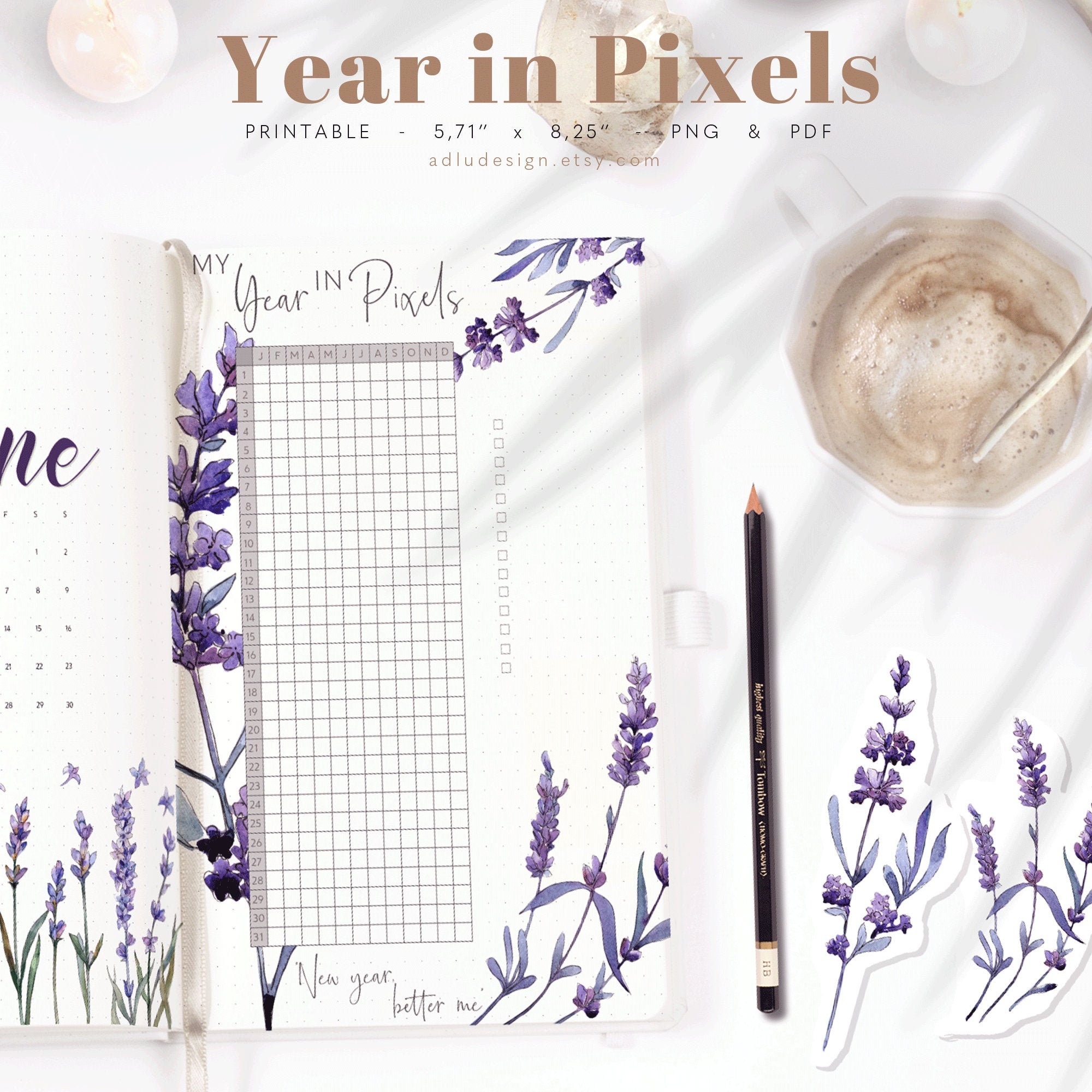 Year in Pixels Printable for Journals, Daily Journaling, Mood Study and ...