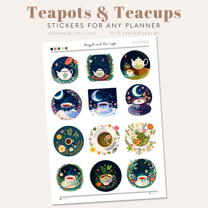Teapots & Teacups Sticker Set for Journals and Planners, Scandinavian ...