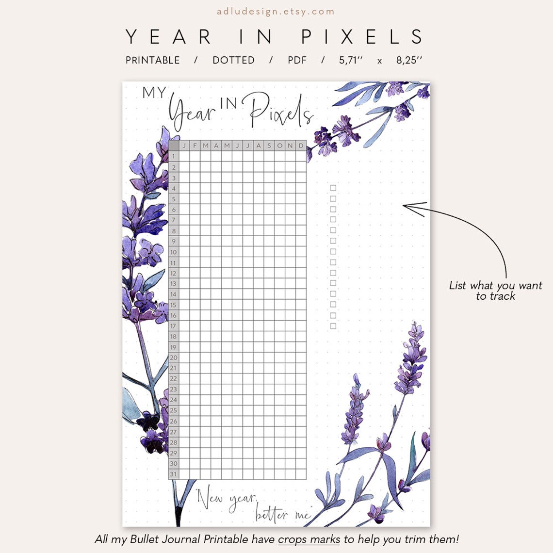 Year in Pixels Printable for Journals, Daily Journaling, Mood Study and ...