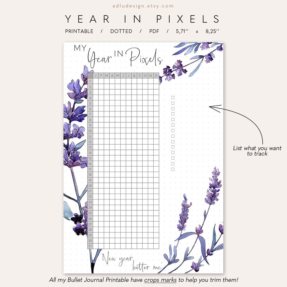 Year in Pixels Printable for Journals, Daily Journaling, Mood Study and ...
