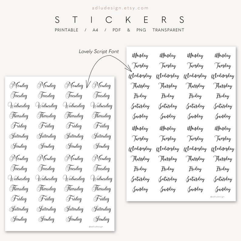 Days of the Week Cursive Stickers Printable for Journals and Planners ...