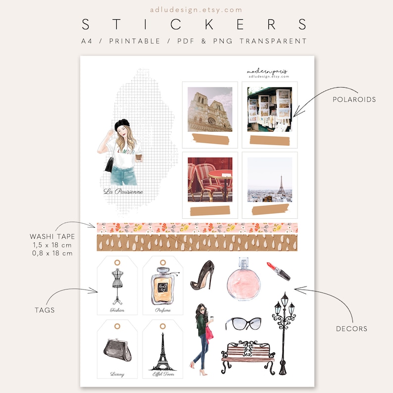 A4 Parisian Stickers for Journals and Planners, Paris Theme, Vintage ...