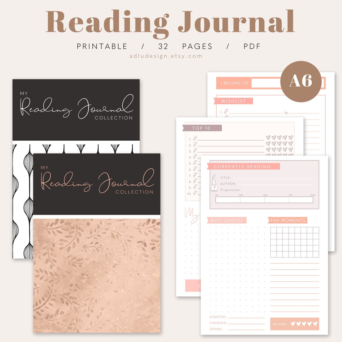 A6 Reading Journal Printable, Tracker & Review for Books, Notebook ...
