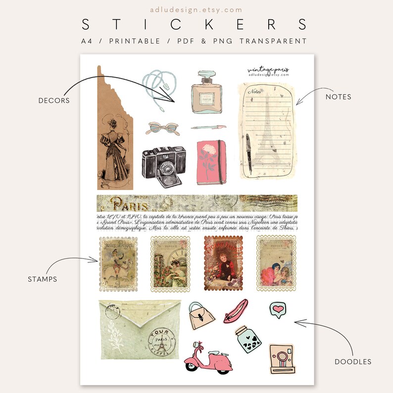 A4 Parisian Stickers for Journals and Planners, Paris Theme, Vintage ...
