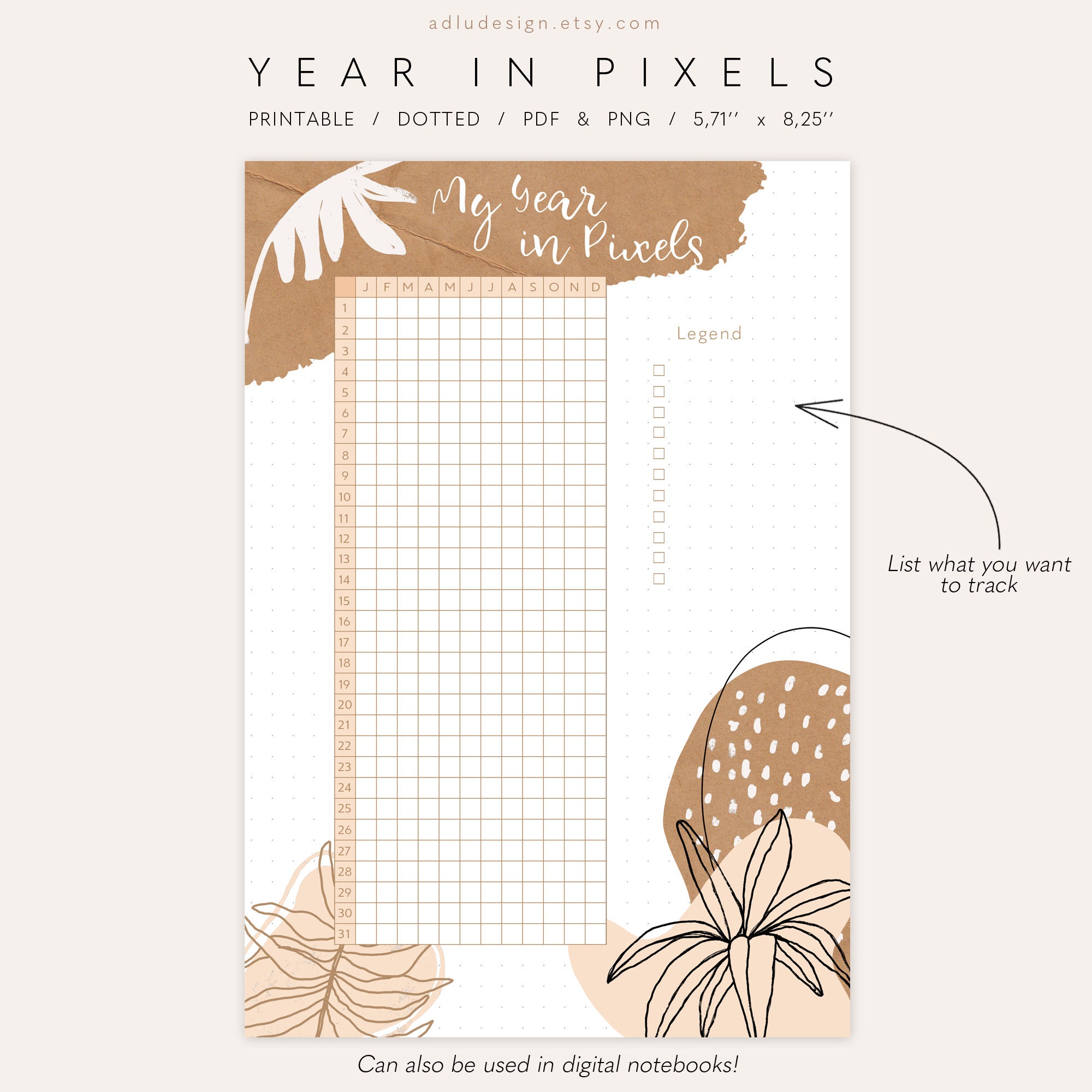 Year in Pixels Printable for Journals, Daily Journaling, Mood Study and ...