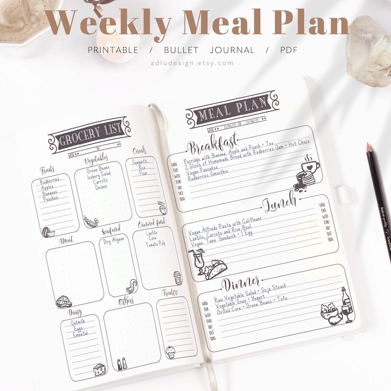 Weekly Meal Plan Printable for Journals Grocery List & Meal - Etsy