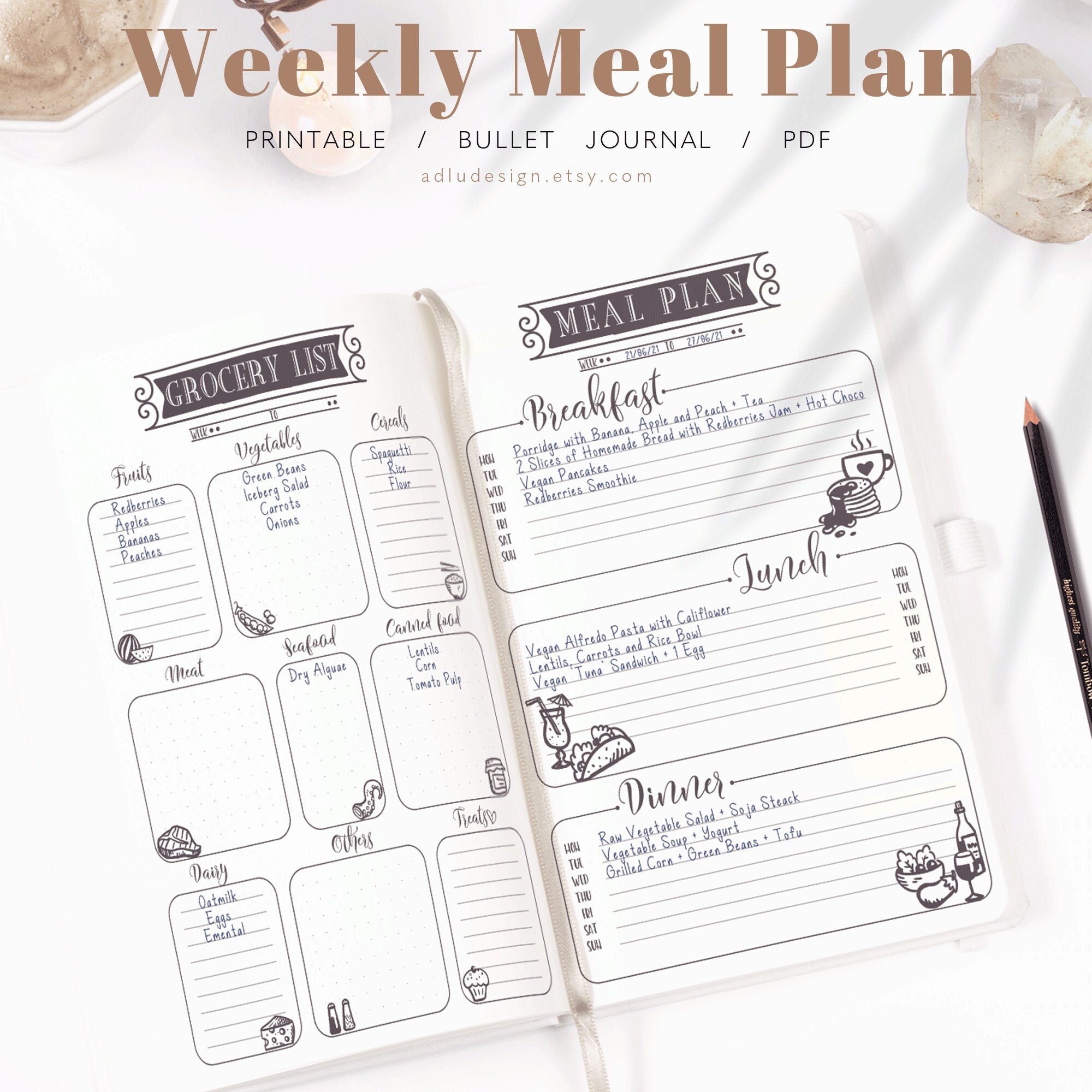 Weekly Meal Plan Printable for Bullet Journal Grocery List & - Etsy ...