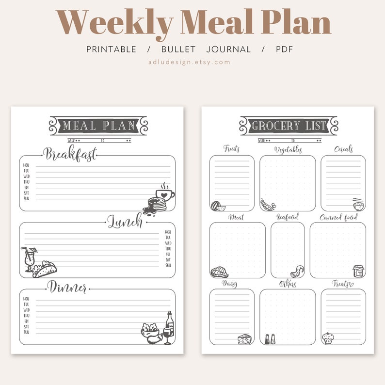 Weekly Meal Plan Printable for Journals Grocery List & Meal - Etsy