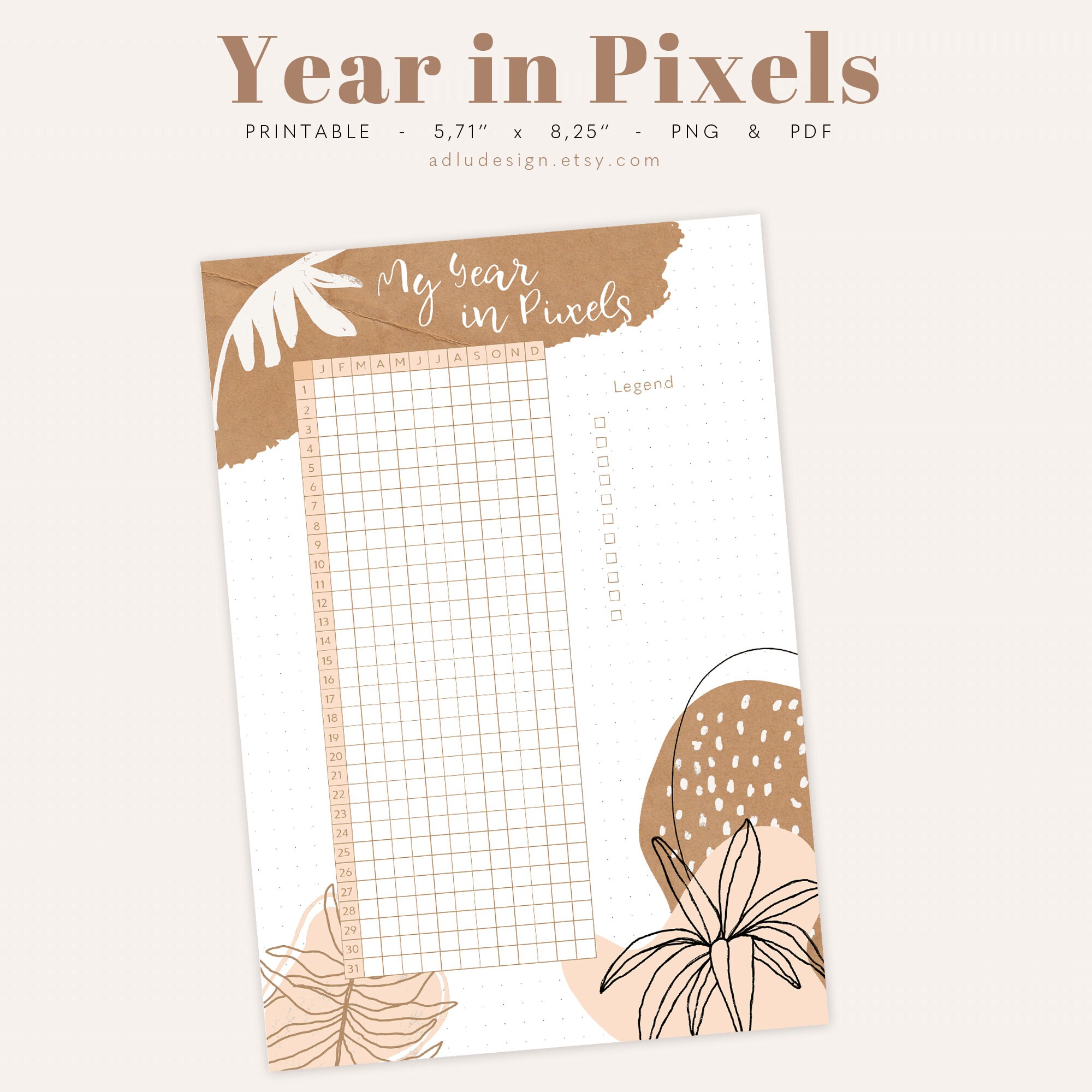 Year in Pixels Printable for Journals, Daily Journaling, Mood Study and ...