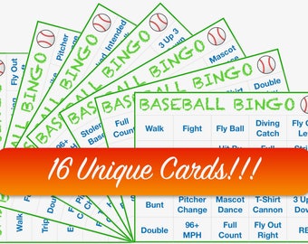 Baseball Party BINGO Cards, Baseball Theme Bingo Game Playing Card ...