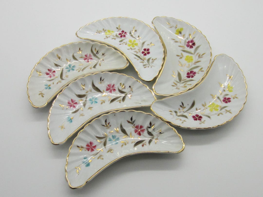 Vintage Crescent Shape Dishes Set of 6 Bachelors Button Hand Painted ...