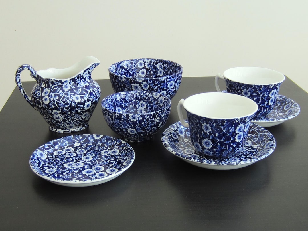 Calico Burleigh Blue and White Ironstone Teacup Creamer Bowl Vintage ...