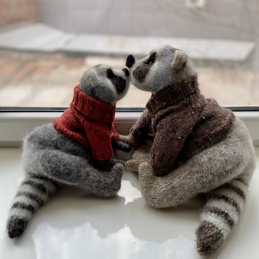 Knitted Dressed Mother and Baby Raccoons Big and Small Raccoons Dressed ...