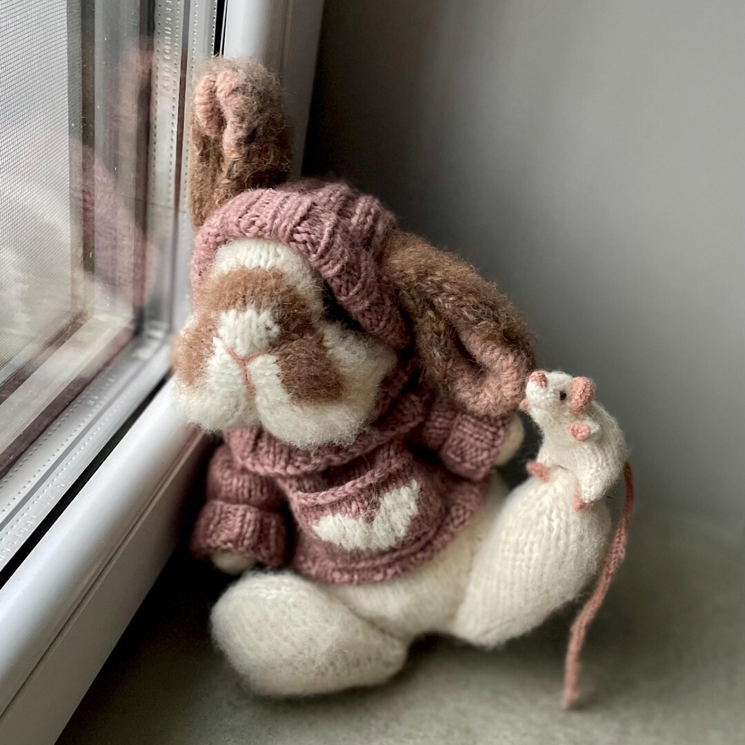 Knitted Holland Lop Bunny in Clothes With a Mouse Knitted Realistic ...