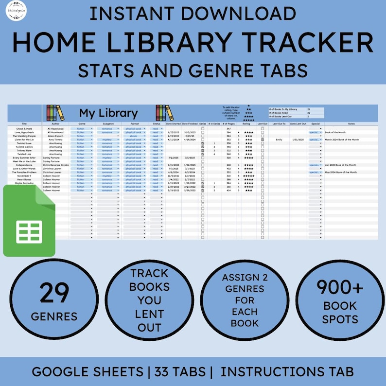 Home Library Tracker | Google Sheets Book Log (digital Download) - Etsy