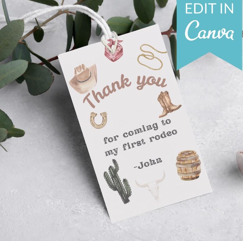Editable First Rodeo Birthday Favor Gift Tags Template Canva | Cowboy ...