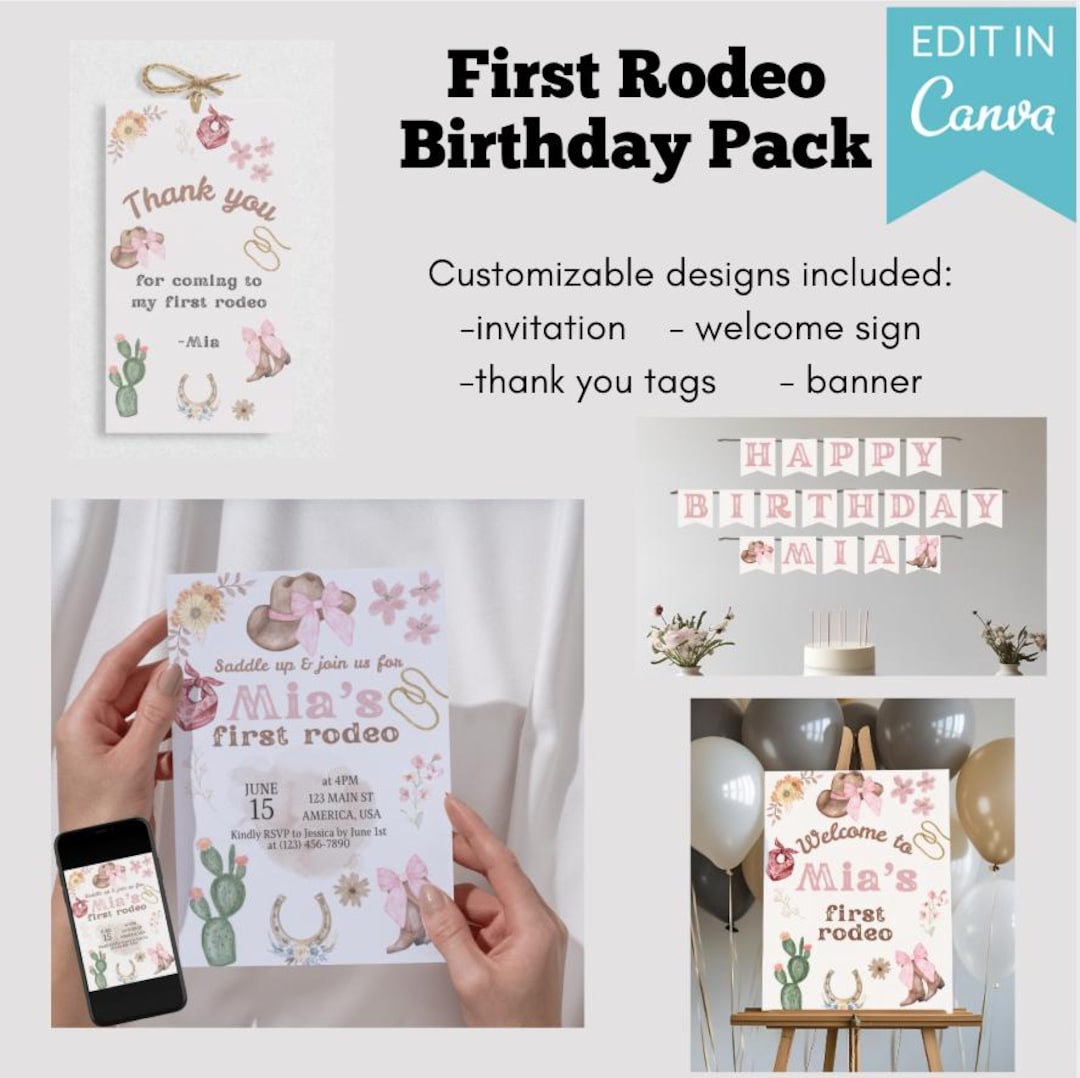 Editable First Rodeo Birthday Theme Pack Canva Template | Girls ...