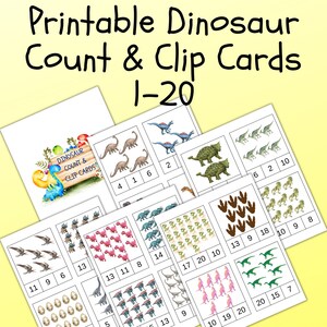Printable Count and Clip Cards 1 - 20, Dinosaur Theme, Instant Download ...