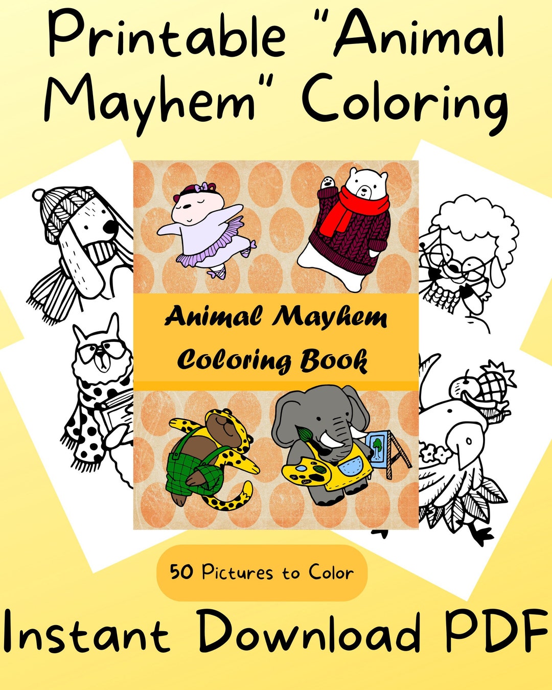 Printable "animal Mayhem" Quirky Animal Coloring, Instant Download PDF ...