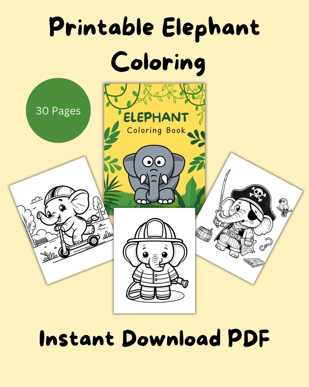 Printable Elephant Coloring Pages, 29 Cute Pictures to Color, Instant ...