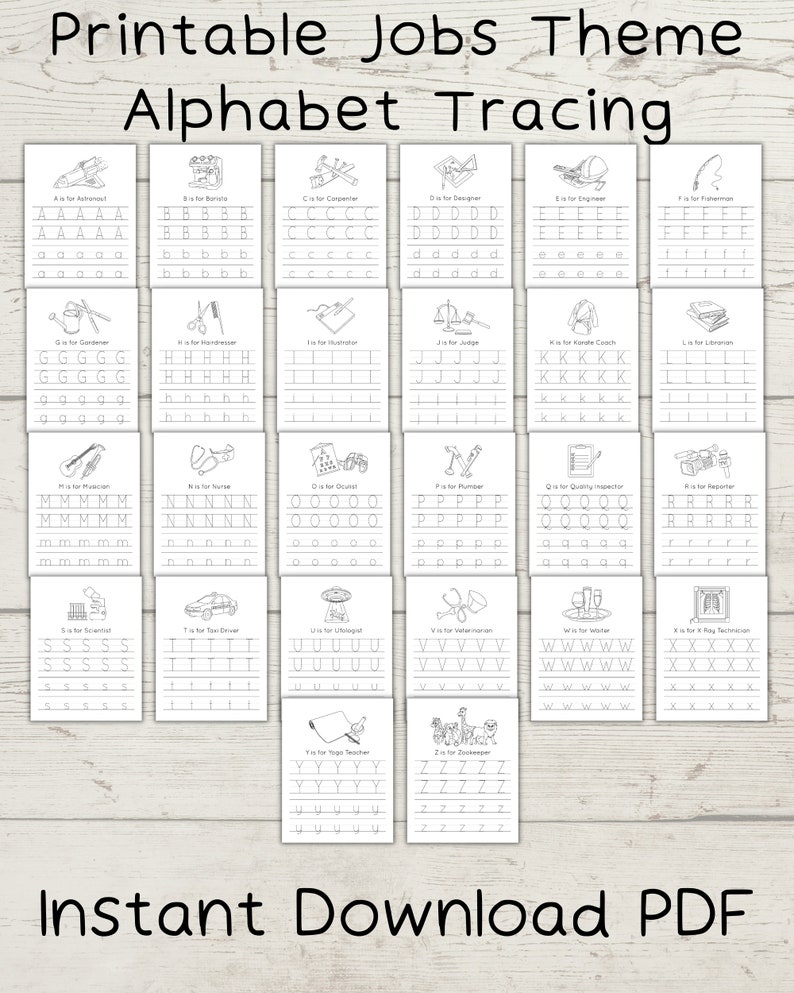 Printable Alphabet Tracing Worksheets, Jobs Theme ABC, Instant Download ...