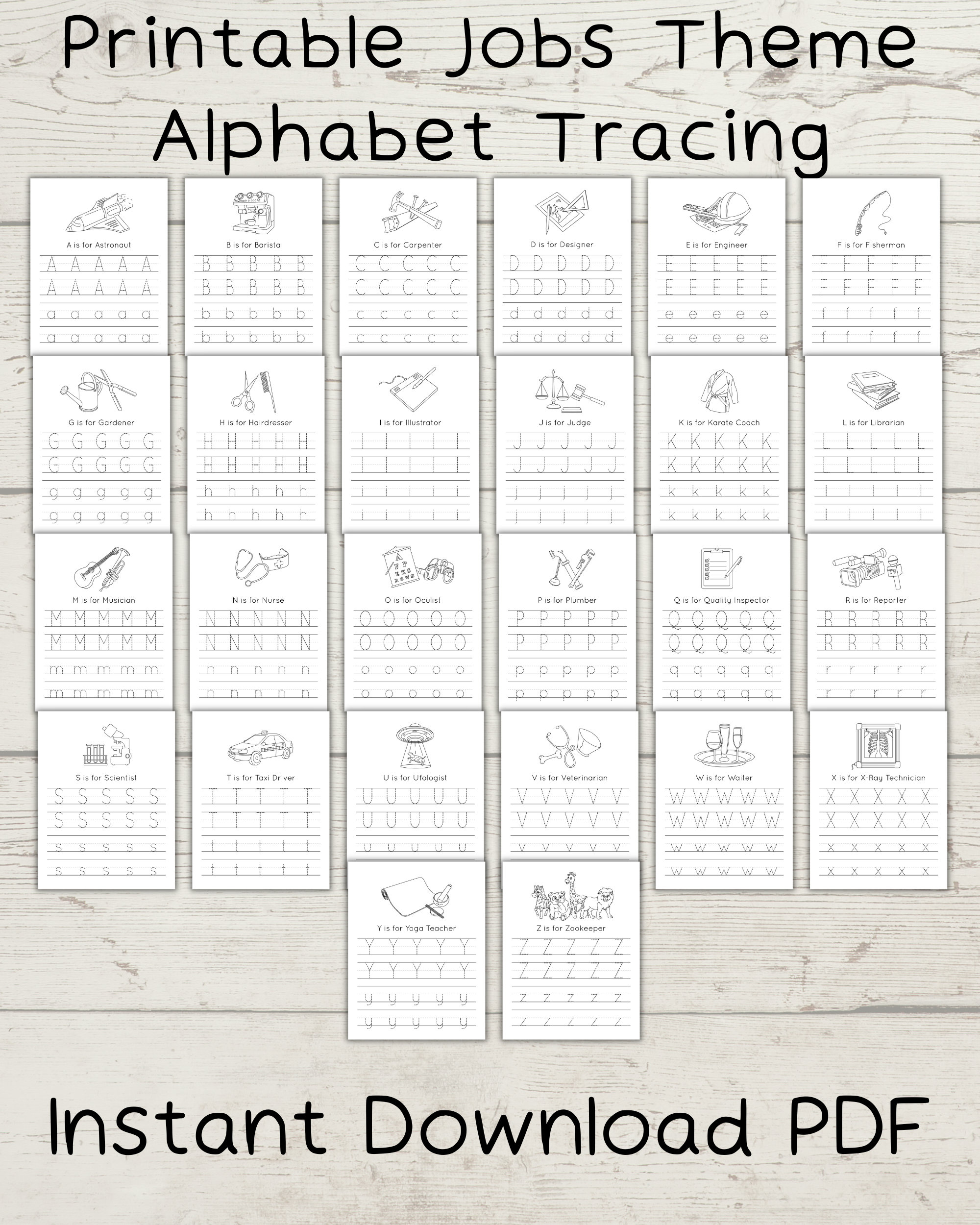 Printable Alphabet Tracing Worksheets, Jobs Theme ABC, Instant Download ...