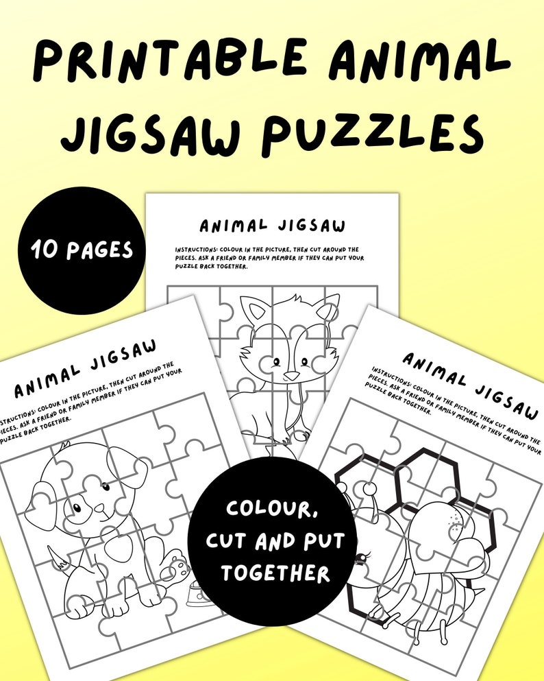 Printable Animals Colouring Jigsaw Puzzles, 10 Pages, Instant Download ...