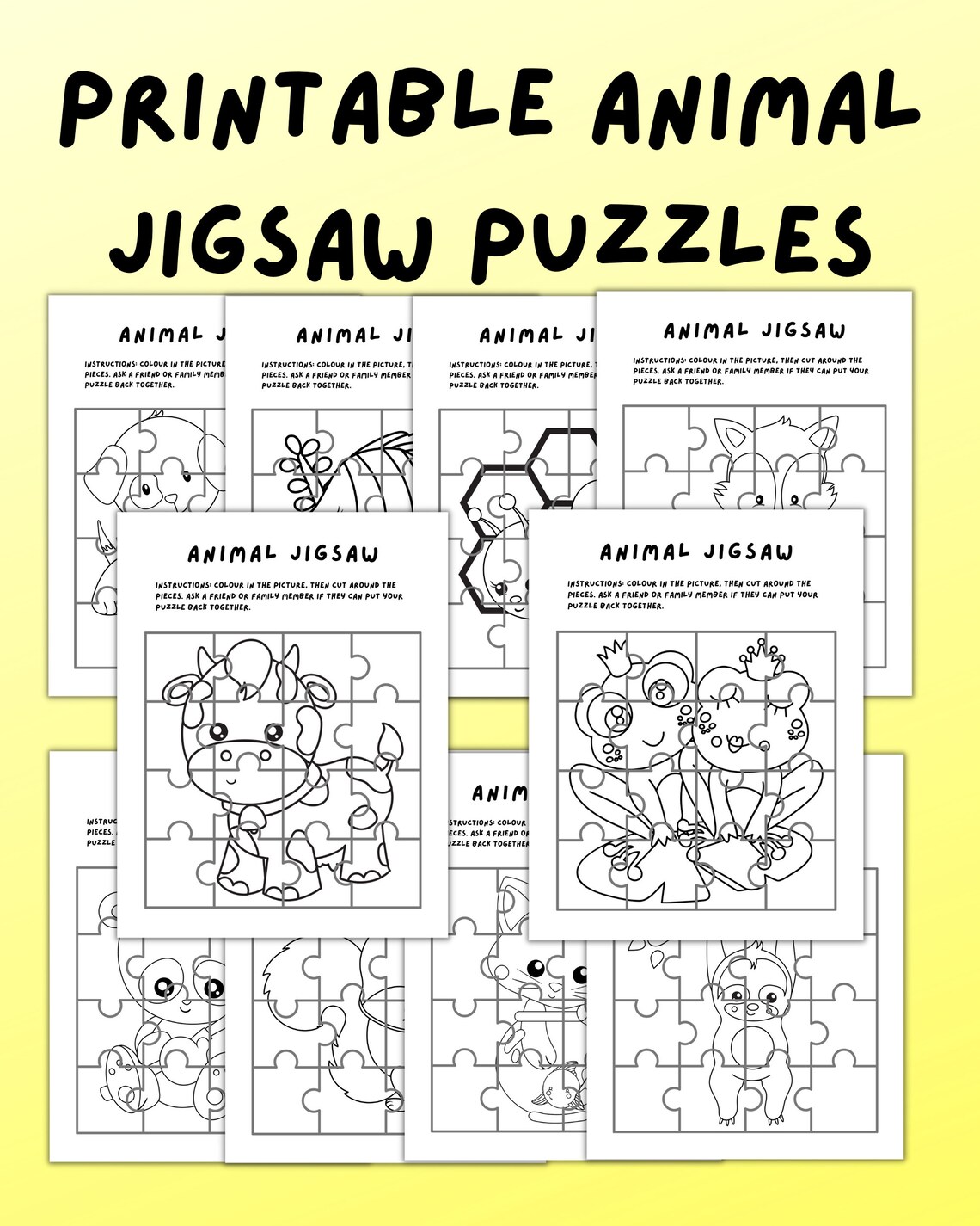 Printable Animals Colouring Jigsaw Puzzles, 10 Pages, Instant Download ...