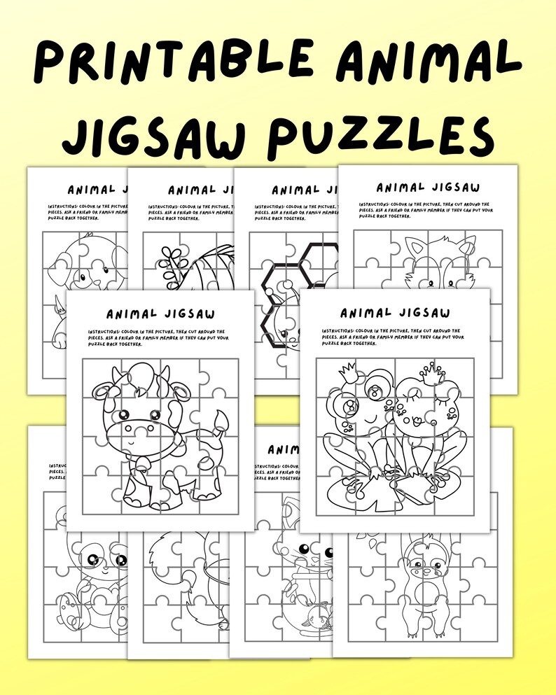 Printable Animals Colouring Jigsaw Puzzles, 10 Pages, Instant Download ...