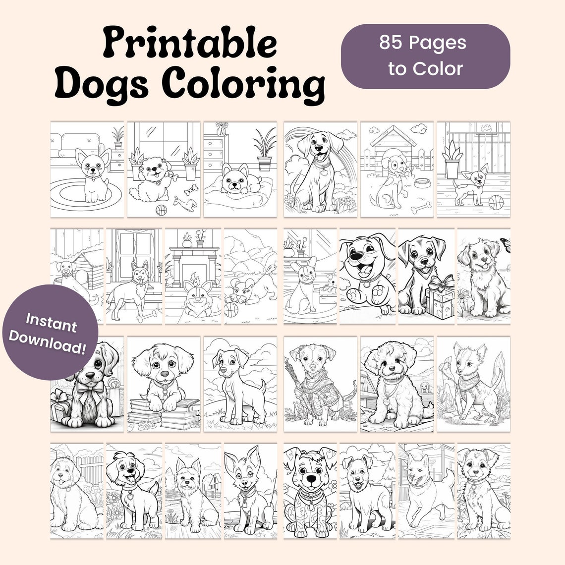 Printable Dog Coloring Pages, 85 Cute Pictures, Instant Download PDF - Etsy