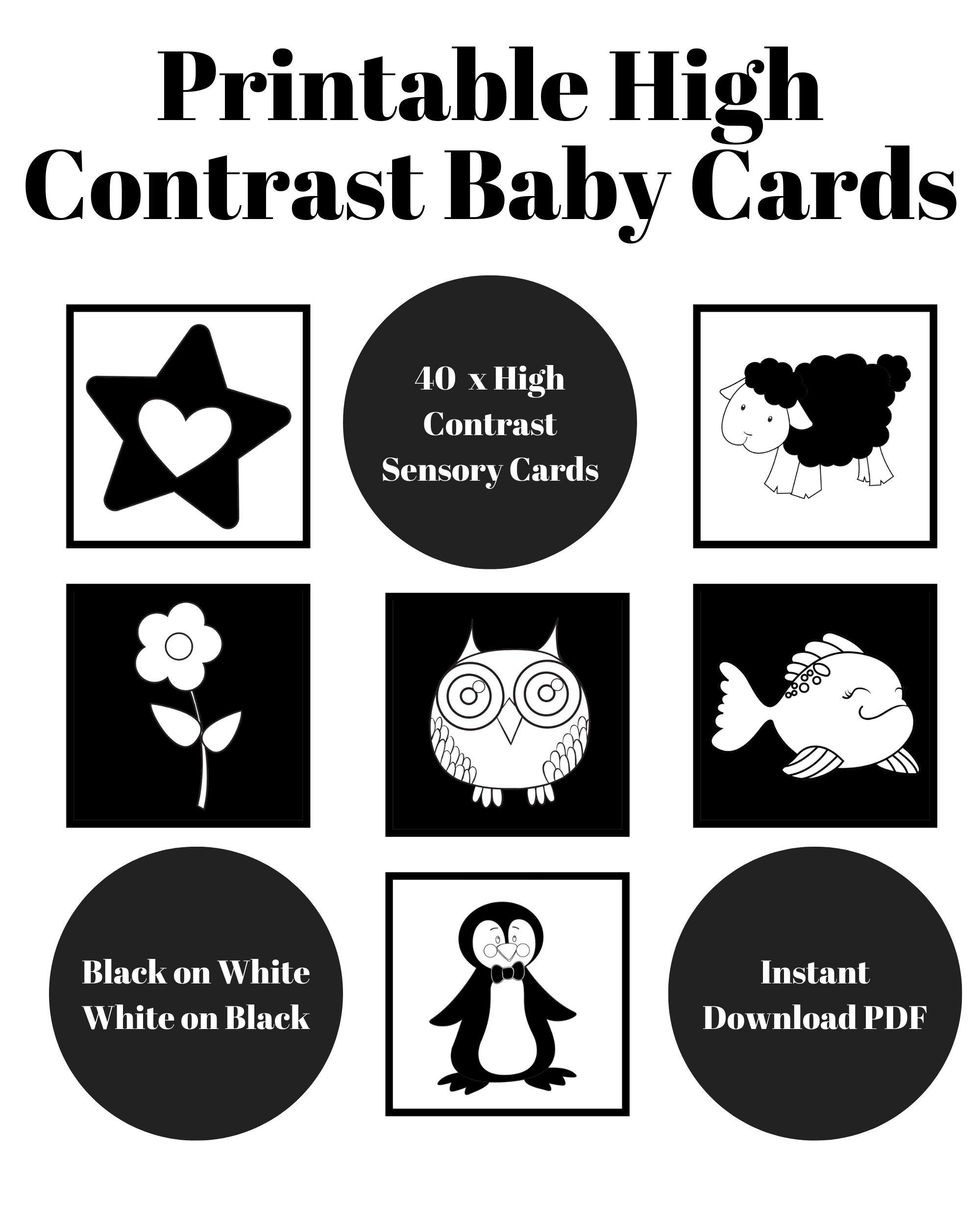 Printable High Contrast Sensory Cards, Baby Stimulation, 40 Cards ...