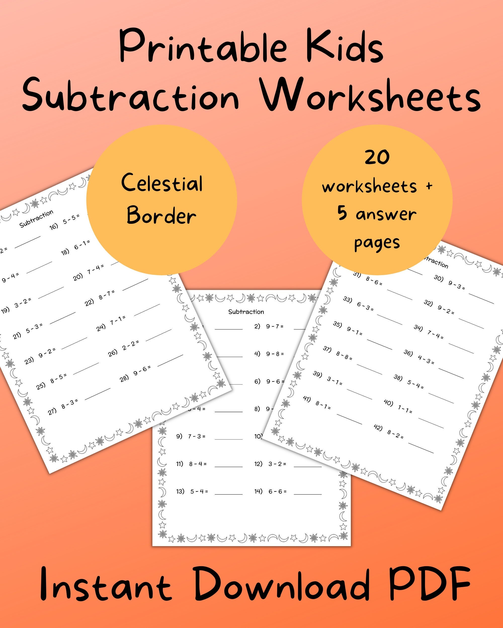 Printable Maths Subtraction Worksheets, 20 Sheets With Answers, Instant ...