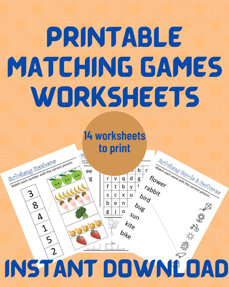 Printable Matching Games Worksheets, Instant Download PDF, 14 Pages - Etsy