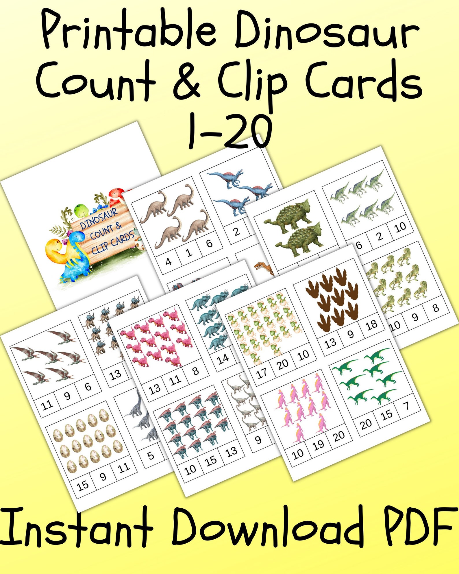 Printable Count and Clip Cards 1 - 20, Dinosaur Theme, Instant Download ...