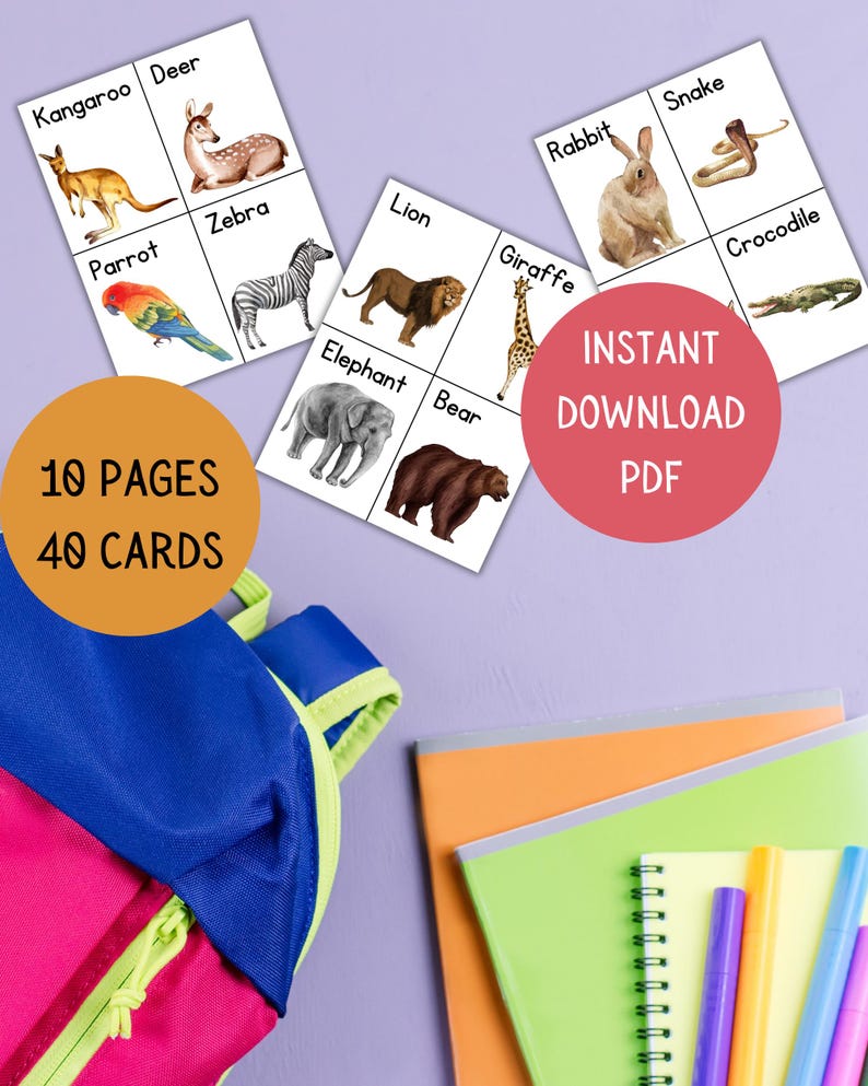 Printable Animals Flash Cards, Educational Instant Download PDF, 8.5 X ...