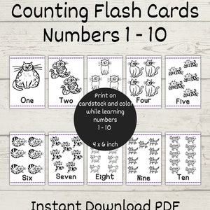 Printable Numbers 1 - 10 Flash Cards, Coloring Cats, Educational ...