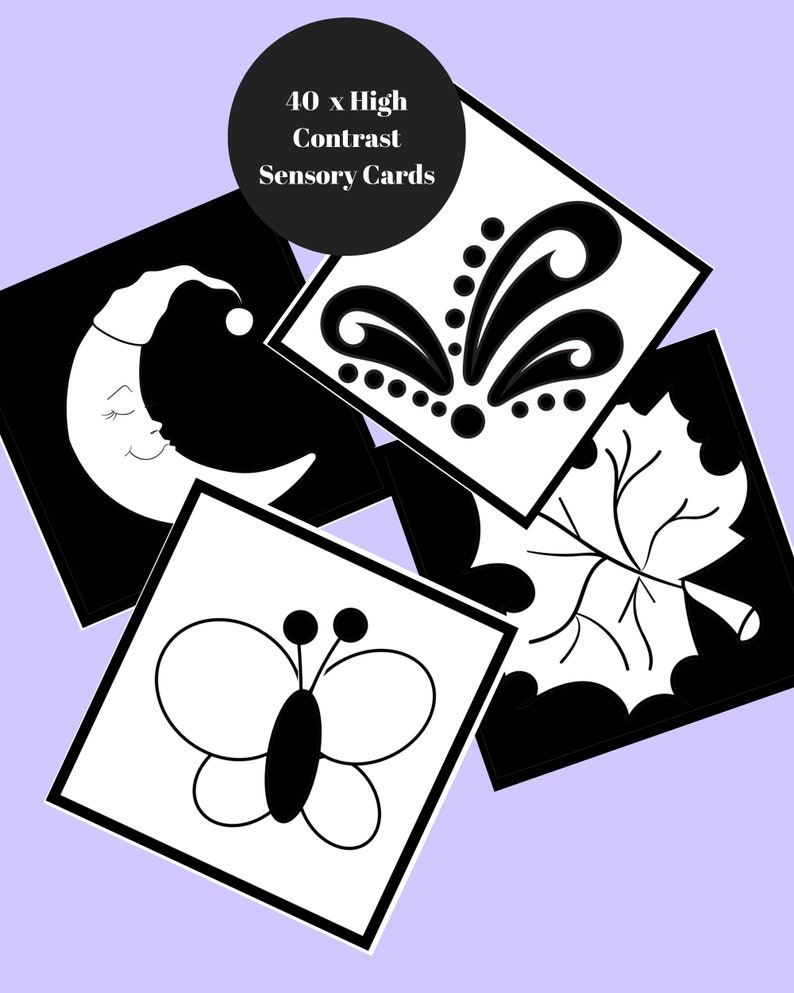 Printable High Contrast Sensory Cards, Baby Stimulation, 40 Cards ...