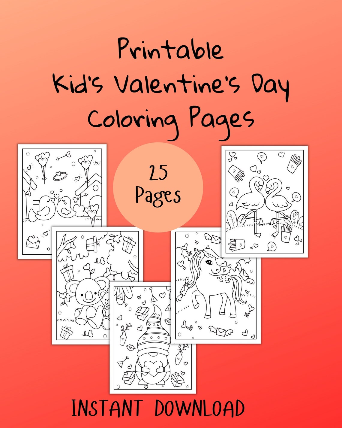Printable Kid's Valentine's Day Coloring Pages, 25 Pictures, Instant ...