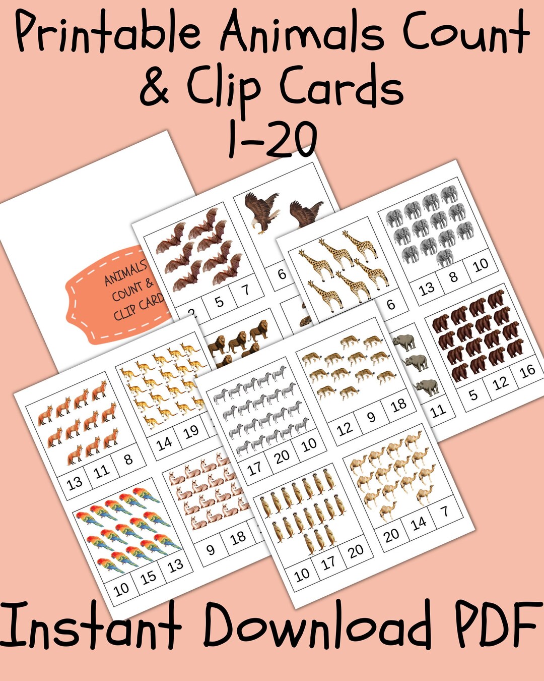 Printable Count and Clip Cards 1 - 20, Animal Theme, Instant Download ...