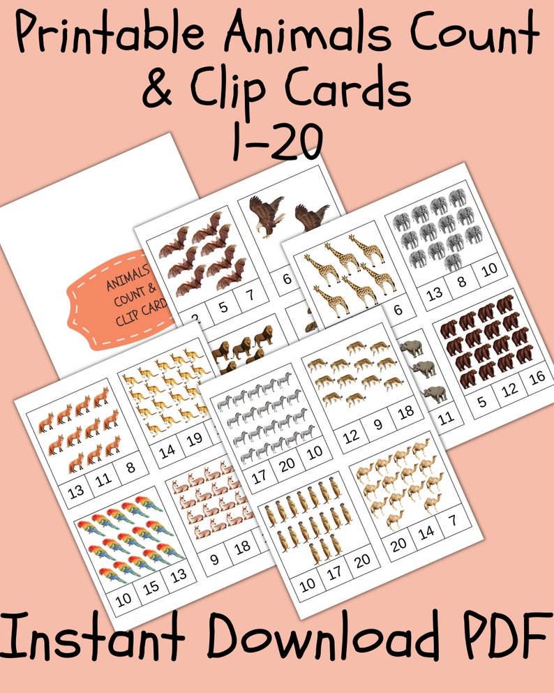 Printable Count and Clip Cards 1 - 20, Animal Theme, Instant Download ...