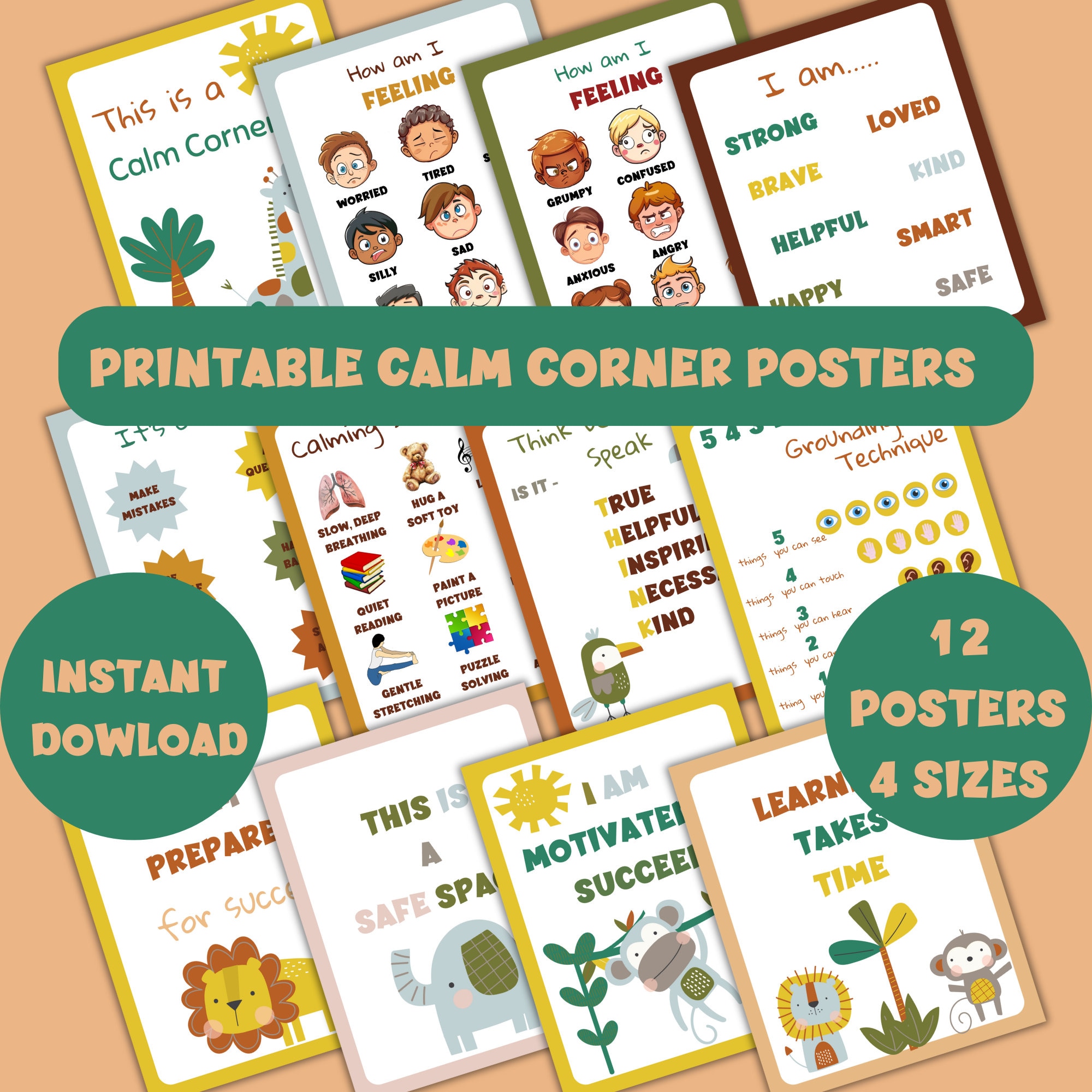 Calm Corner Printable Posters, Set of 12 Jungle Fun Prints, Calming ...